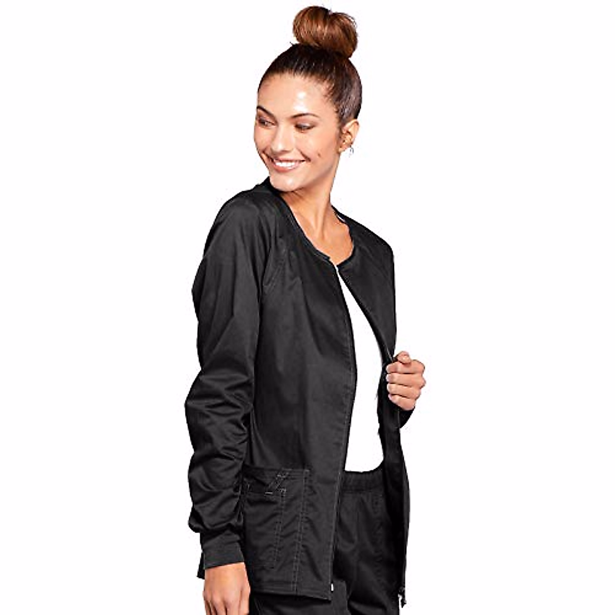Cherokee Zip Front Scrub Jackets for Women, Workwear Core Stretch Soft Brushed Twill 4315, L, Black