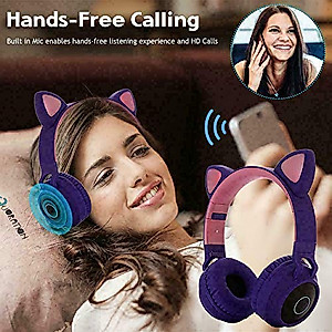 KK KIMKEN Cat Ear Headphones – Kids Headphones Bluetooth – Wireless Headphones for Girls – Foldable and Portable Cute Headphones – Volume Control and LED Light – Stable Connection and Clear Sound
