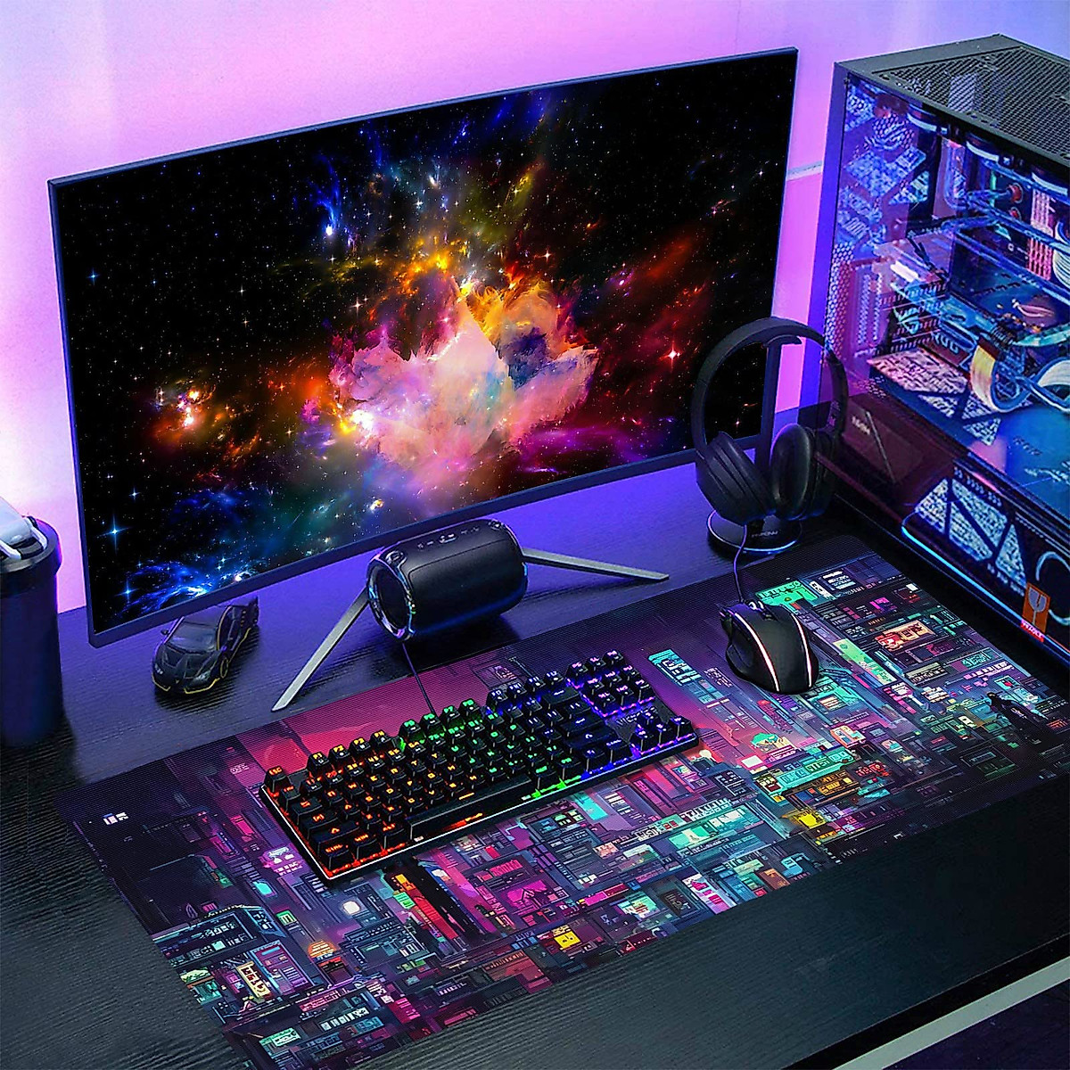 Retro Japanese Anime Gaming Mouse Pad XXL Cool Dark Purple Red Vaporwave City Extended Large Desk Mat Big Mousepad Non-Slip Rubber Base Stitched Edge Long Mousepad for Desk Computer, 35.4 x 15.7 in