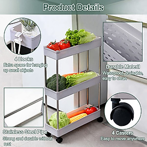 Slim Storage Cart, 3 Tier Mobile Shelving Unit Organizer, Slide Out Rolling Utility Cart Shelf Rack for Kitchen Bathroom Laundry Room Narrow Places, Plastic & Stainless Steel, Gray