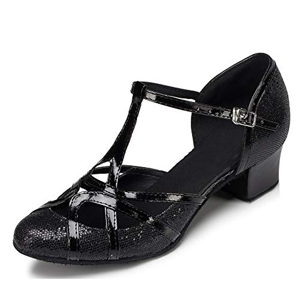 Minishion Women's T-strap Dance Heels Black/3.5cm Heel Glitter Salsa Ballroom Shoes US 10