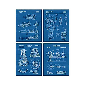 Vintage NASA Blueprint Patent Print, Set of 4, 8x10 Aesthetic Wall Posters and Unique Art Prints Picture for Bathroom, Home, Man Cave, Dorm, Office & Bar Wall Decor Poster
