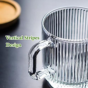 Mfacoy 2 PACK Glass Coffee Mugs with Handle & Spoon, 12 OZ Glass Coffee Cups with Bamboo Lid, Ribbed Glass Cups, Clear Tea Cup for Hot/Cold Beverages, Glassware Set for Americano, Latte, Cappuccino