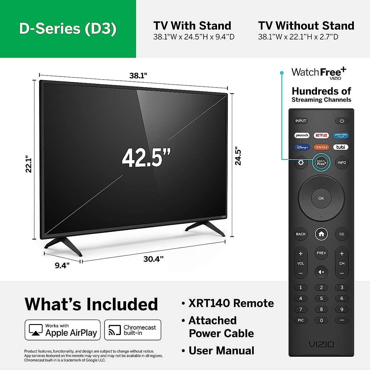 VIZIO 43-inch D-Series Full HD 1080p Smart TV with Apple AirPlay and Chromecast Built-in, Alexa Compatibility, D43f-J04, 2022 Model