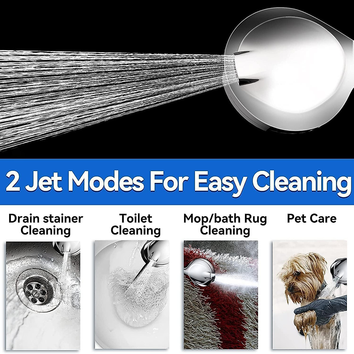 High Pressure Shower Head with Handheld, 10 Spray Settings Water Saving Shower Heads with Stainless Steel Hose,Holder & PTFE Tape, Wider Silver Face for Tubs Tiles Walls Pets Cleaning, Black