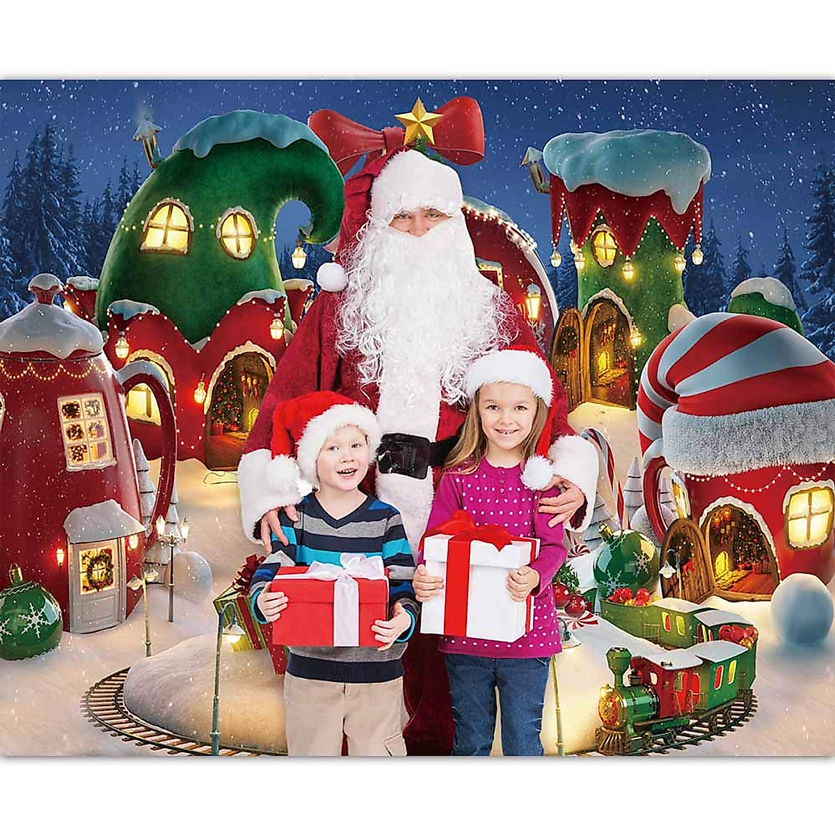 Funnytree 10x8FT Cartoon Christmas Village Photography Backdrop Winter Cabin Snow Pine Tree Background Xmas Fairy Tale Animated Kid Ice Party Photo Booth Banner Supplies Durable Soft Fabric