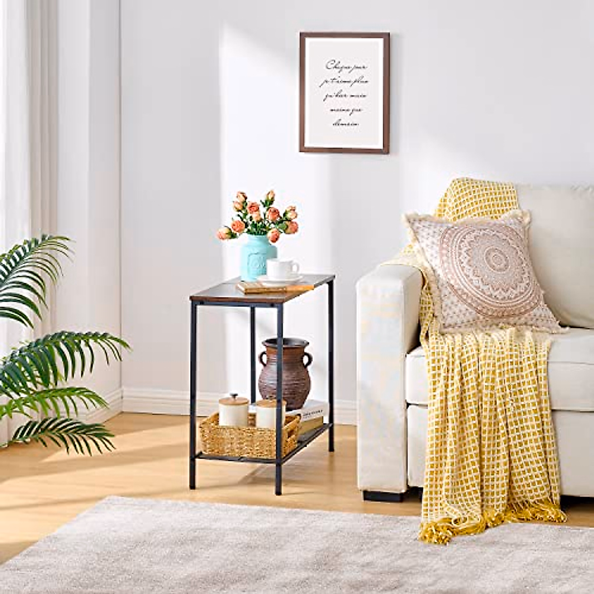 Hoctieon 2 Tier End Table, Sofa Side Table, Narrow Side Table with Storage, Slim Nightstand for Small Spaces, Metal Frame, for Living Room, Bedroom, Sofa Couch, Hall, Rustic Brown