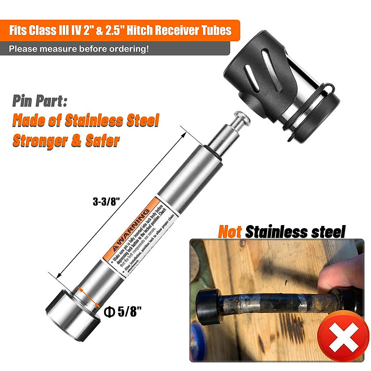 CZC AUTO Hitch Receiver Pin Lock Stainless 5/8 Inch Trailer Receiver Lock for Class III IV 2 2-1/2 Inch Receiver, Fits Hitch Bike Rack Tray Ball Tow Rope for Trailer Truck Car Boat (1PACK, Silver)