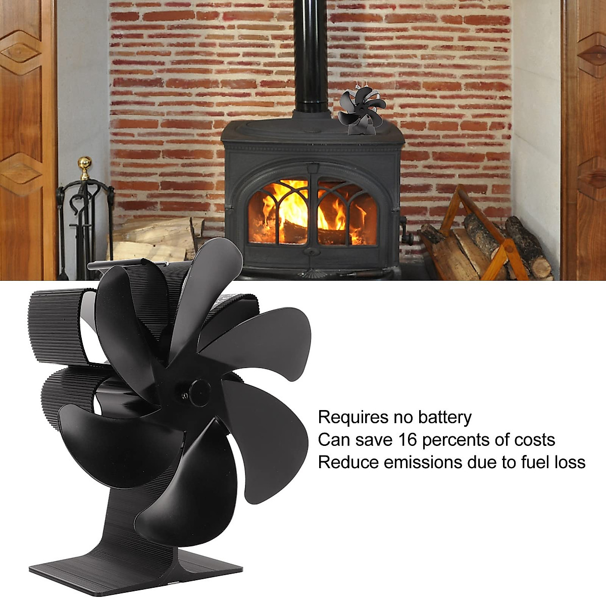 TITA-DONG Mini Stove Fan, 6 Blade Eco Thermal Fan, Black Fireplace Fan with Handle, Energy Efficiency Heat Powered Fan for Wood, Gas, Peellet, High Speed and High Temperature Resistance