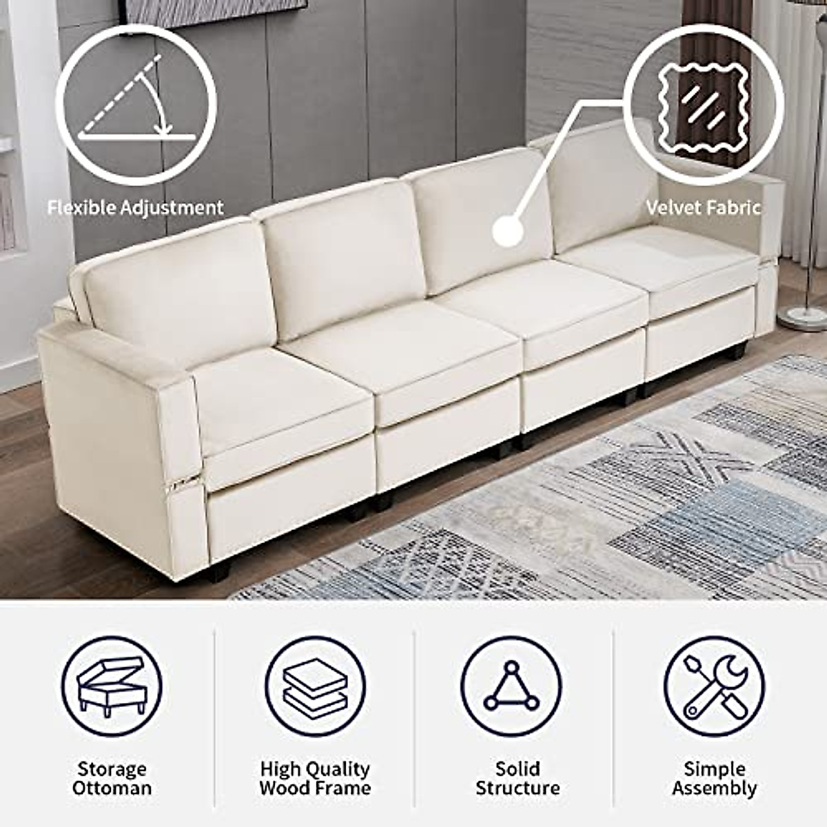 ZAFLY Sectional Sofa, 4 Seat Convertible Modular Beige Couch with Adjustable Backrest and Armrests I Shaped Sleeper Comfy Couch for Living Room