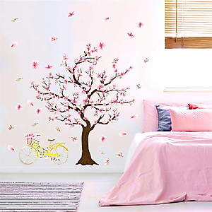 Cherry Tree Wall Sticker Cherry Blossom Tree Wall Stickers Large Tree Wall Stickers Peel and Stick Floral Tree Wall Decals Pink Flower Wall Stickers for Girls Room Bedroom Nursery