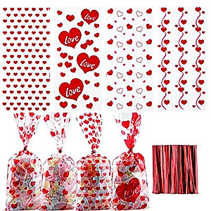 Yoption 160PCS Valentines Heart Clear Cellophane Treat Bags with Twist Ties, Valentine's Day Wedding Party Favor Bags for Candies Cookie Chocolate Snack