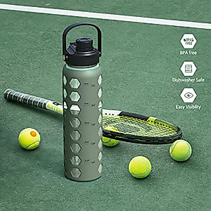 MUKOKO 32oz Glass Water Bottles with 2 Lids-Handle Spout Lid&Bamboo Straw Lid, Motivational Water Tumbler with Time Marker Reminder and Silicone Sleeve, Leakproof-Olive-1 Pack