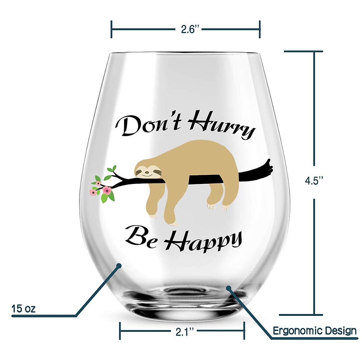 AGMDESIGN Don't Hurry Be Happy Wine Glass, Cute Funny Sloth Stemless Wine Glass for Women, Sister, Mom, Best Friend, Sloths Birthday Gifts & Party Decor