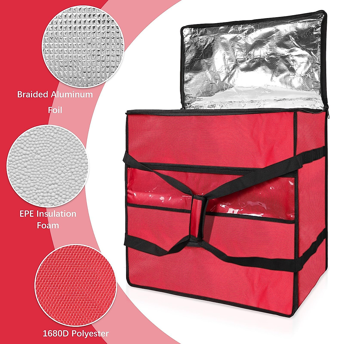 Gyykzz Pizza Delivery Bag Insulated 24"x 24" x14", Large Red Pizza Warmer Bag for Food Delivery, Pizza Carrier Insulated Bags Keep Your Pizza Hot and Fresh, Perfect for Deliveries and Personal Use