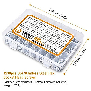 VIGRUE 1230 Pieces M2 M3 M4 M5 Flat Head Socket Cap Screws 304 Stainless Steel Cap Bolts Nuts Washers Assortment Kit with 4Pcs Hex Wrenches