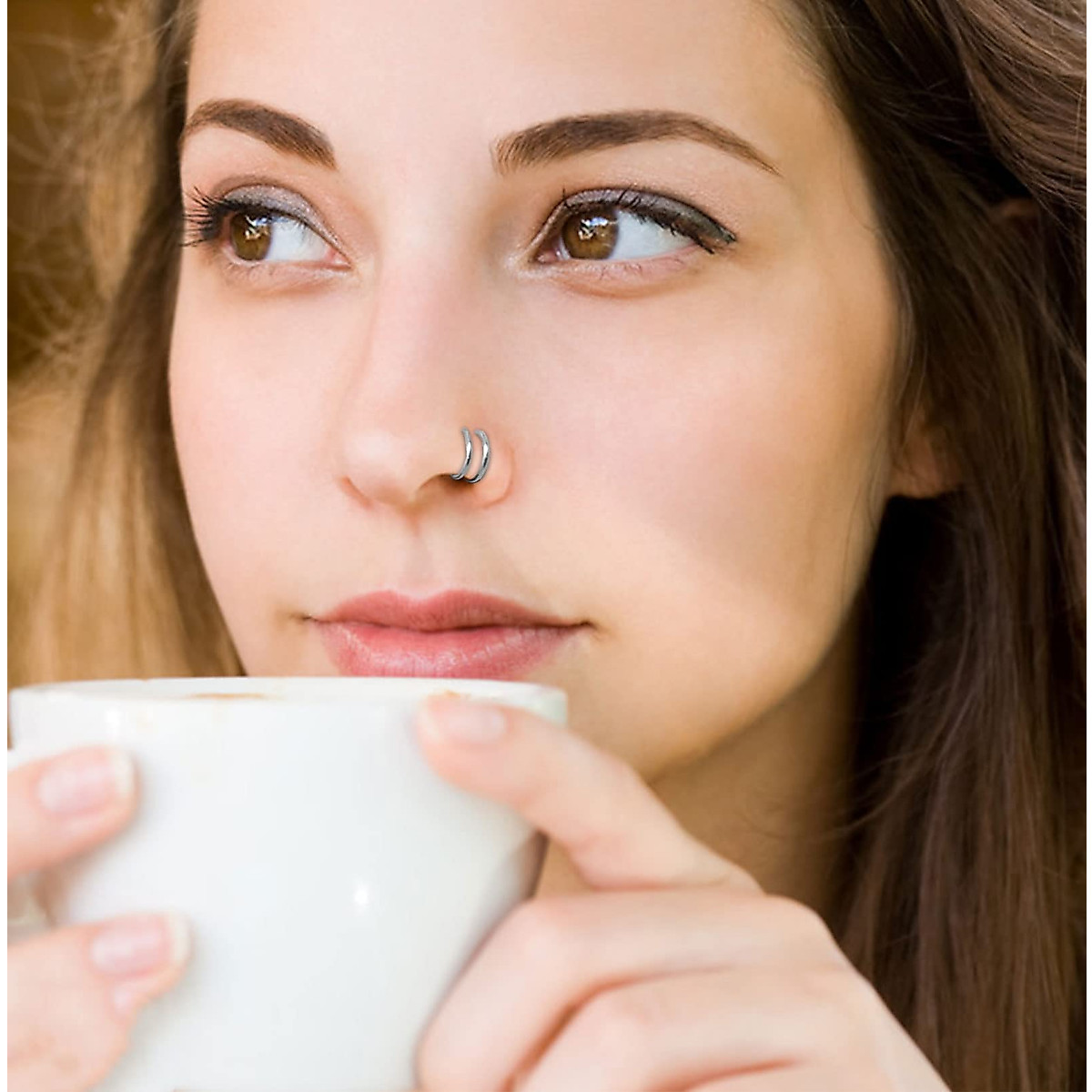 Jamboo Double Nose Ring Hoop Double Hoop Nose Ring for Single Piercing Surgical Steel Spiral Nose Ring Hoop 18G Double Nose Hoops for Women Men (3 Black Silver Rose Gold 18G)