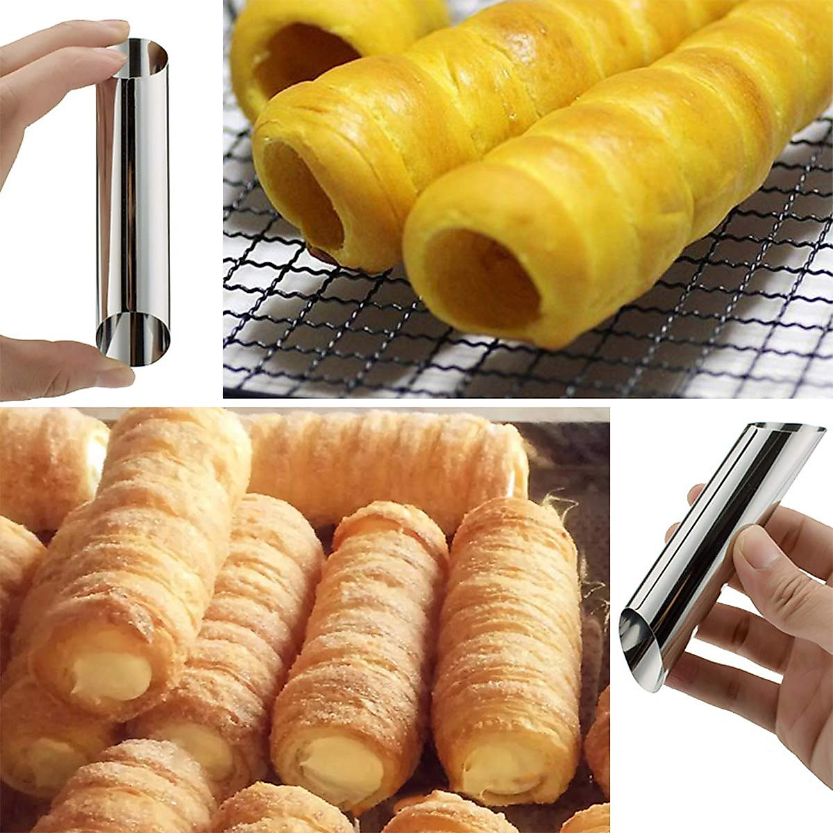 Set of 16 Stainless Steel Cannoli Tubes and Pastry Cream Horn Molds,Large Size DIY Baking Kit Cone Tubular Shaped Mold Tool for Croissant Waffle Cream Roll (A+B)