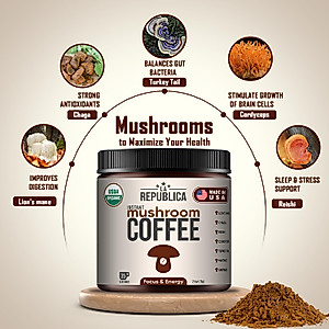 La Republica Organic Mushroom Coffee (30 Servings) with 7 Superfood Mushrooms, Great Tasting Arabica Instant Coffee, Includes Lion's Mane, Reishi, Chaga, Cordyceps, Shiitake, Maitake, and Turkey Tail