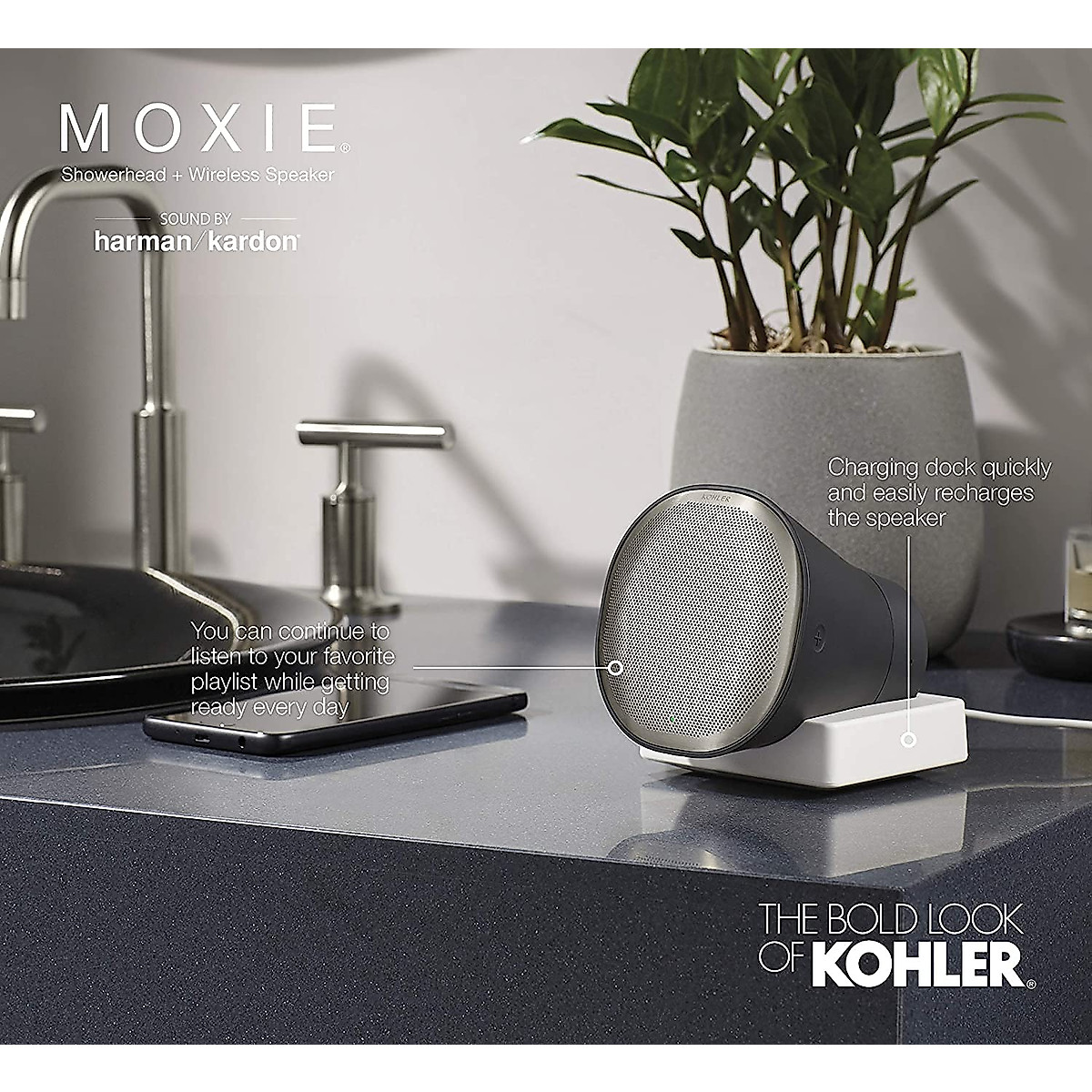 KOHLER 28238-NKE-BN Moxie Bluetooth Showerhead, Waterproof Shower Speaker, 2.5 GPM, Vibrant Brushed Nickel