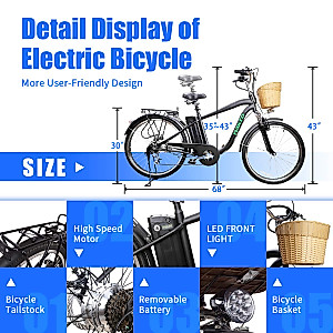 NAKTO/SPARK 26" Electric Bike Commute Electric Bicycle 350W Brushless Gear Motor Ebike with Removable Waterproof Large Capacity 36V10A Lithium Battery and Sporting 6 Speed Gear E-Bike(Black)