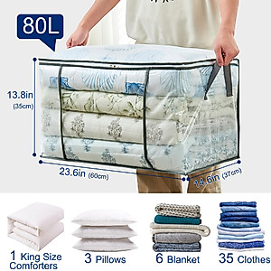 MKOKYD 80L Clear Large Storage Bag, Clothes Storage Containers for Organizing Closet, Bedroom, Underbed, Comforters, Clothing, Blankets, Pillow, Foldable Organizer with Sturdy Handle and Zippers (3)