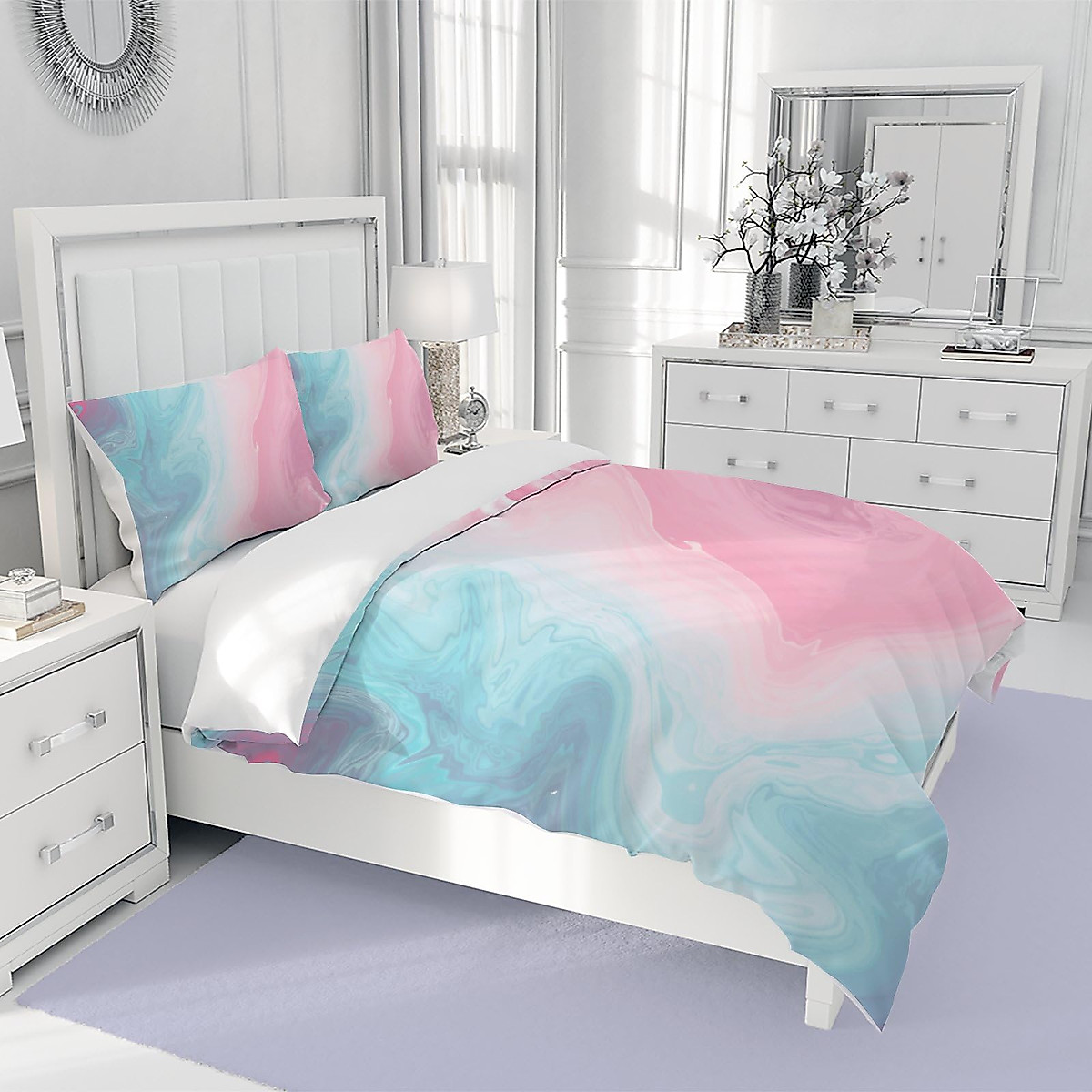 Vantaso Bedding Set Duvet Cover Set Twin Size 2 Piece Set 1 Quilt Cover and 1 Pillow Case Sham Marble Stone Ink Abstract Pink Blue for Kid Boy Girl Women Men