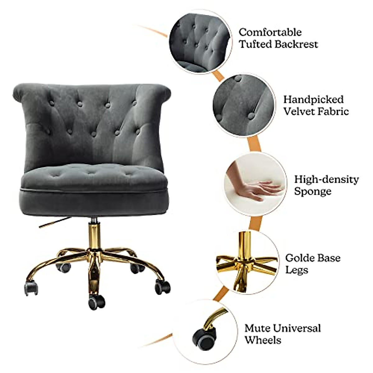 HULALA HOME Velvet Home Office Chair with Gold Base, Comfortable Modern Cute Desk Chair, Adjustable Swivel Task Chair for Living Room Bedroom Vanity Study/Grey