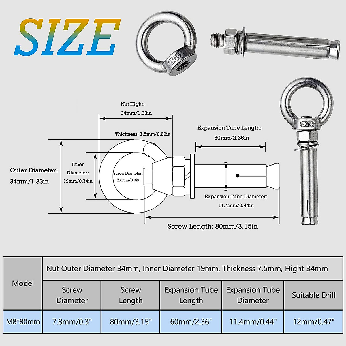 Reedny,Eyebolt Bolt Stainless Steel Wall Concrete Brick Anchor Expansion Bolts Ring Screw Eyes,Heavy Duty Anchor Fastener Eye Bolt (M8, 4 Pcs)