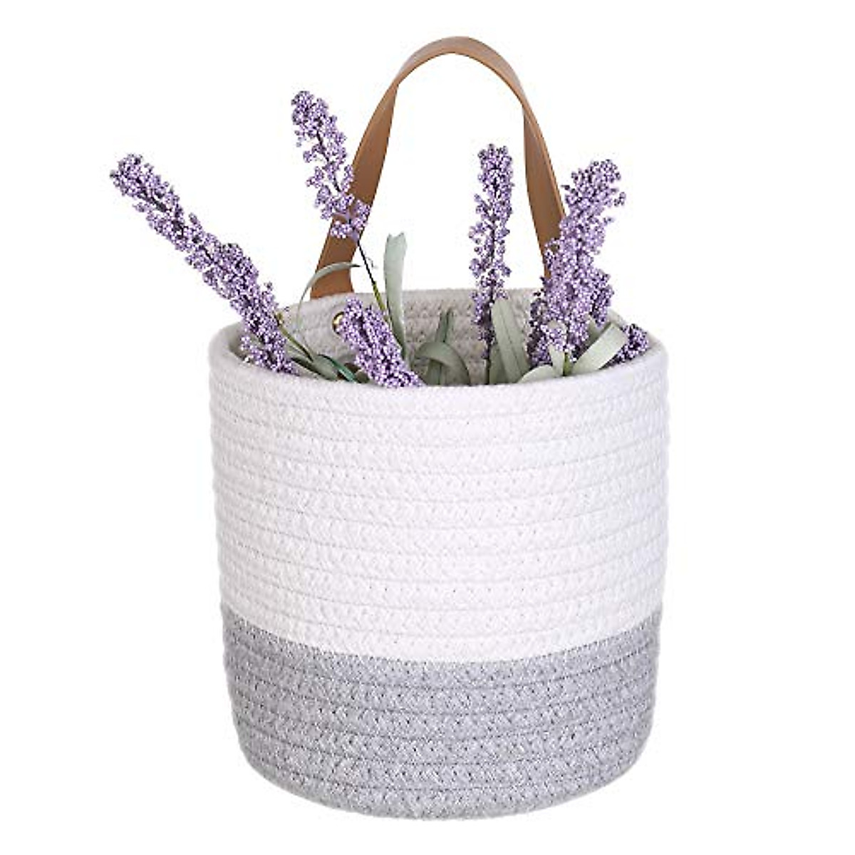 2pack Small Hanging Basket-Cotton Rope Wall Basket with Handle, Hanging Storage Basket, Shelf Baskets Storage Bin Closet Organizer 6"×6.3", Woven Plant Basket - (White & Grey)