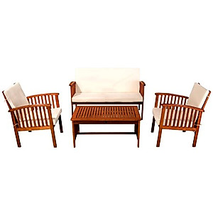 Christopher Knight Home Carolina Outdoor Acacia Sofa Set, 4-Pcs Set, Brown Patina + Cream Cushion & Scotchgard Sun and Water Shield, Repels Water, 21 Ounces