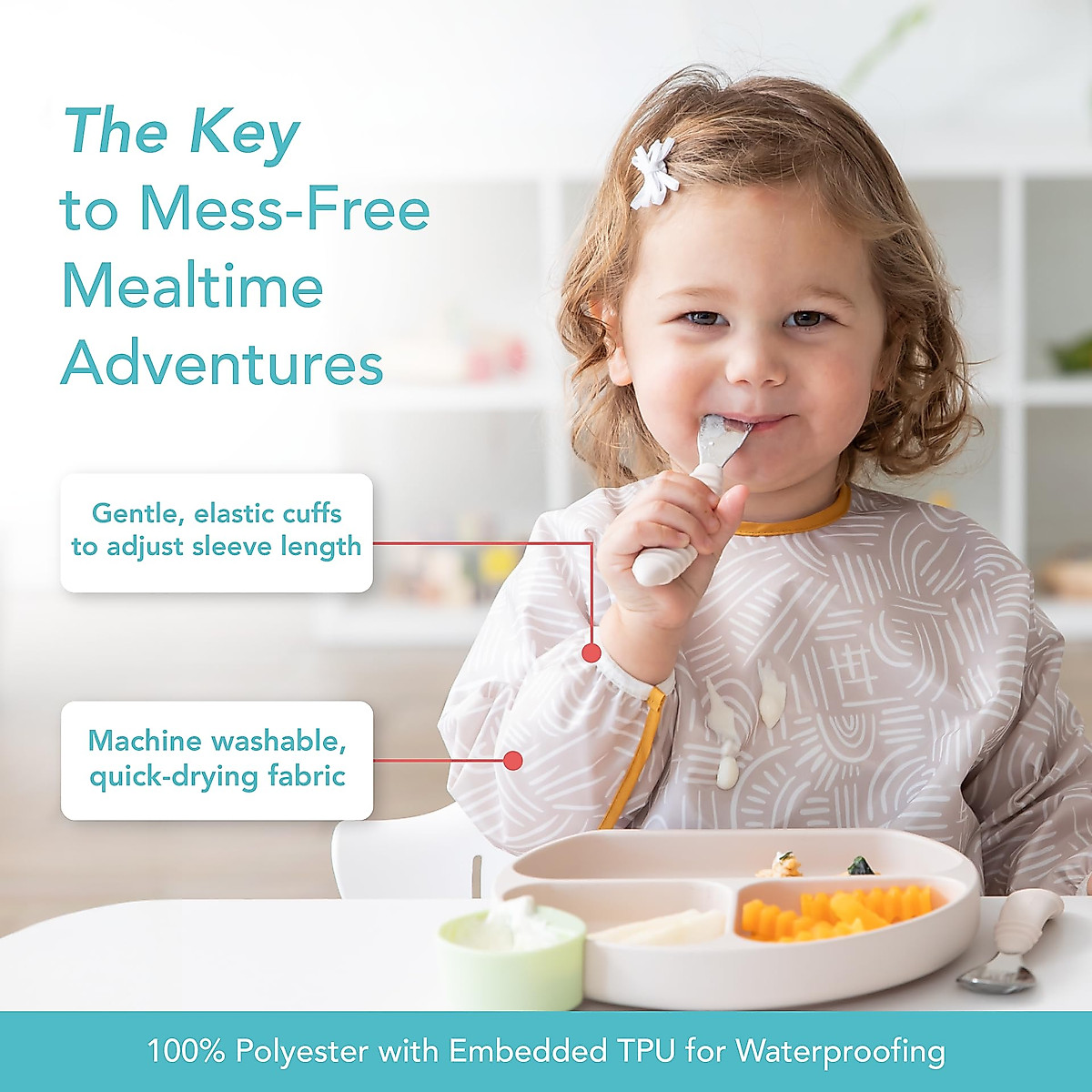 Bumkins Sleeved Bib for Girl or Boy, Baby and Toddler for 6-24 Mos, Essential Must Have for Eating, Feeding, Baby Led Weaning Supplies, Long Sleeve Mess Saving Food Catcher, Soft Fabric, Boho Beige