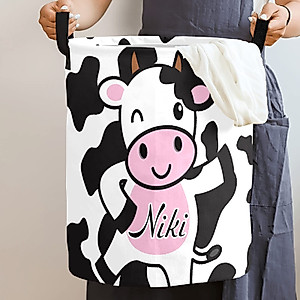 Black Lovely Cow Print Laundry Hamper Personalized with Name Canvas Waterproof Storage Bin with Handle for Kids Nursery Hamper Gift Baskets Home Organizer