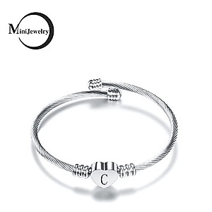 MiniJewelry Initial C Silver Heart Bangle Cuff Bracelet for Women Alphabet Letter Name Stainless Steel