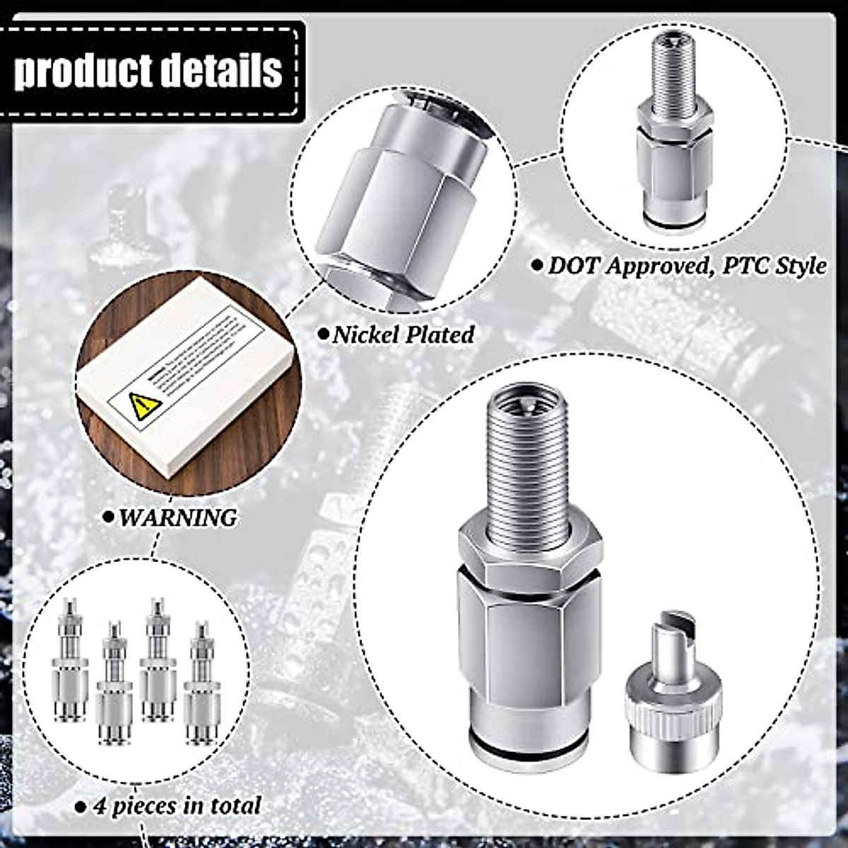 4 Pieces Inflation Schrader Valve for 1/4 Air Line with 1 Warning Sticker Air Line Compression Air Hose Quick Connect Air Valve Air Tool Fittings (PTC Style)