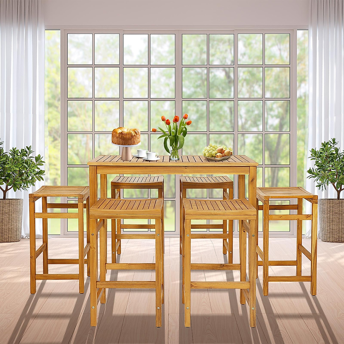 HAPPYGRILL Outdoor Wood Bar Stools Set of 2, Patio Bar Stools with Ergonomic Seat & Comfortable Footrest, Acacia Wood Bar Stools, 30-Inch Bar Height Stools for Garden Deck Balcony Poolside