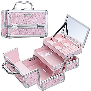 FRENESSA Jewelry Box Makeup Travel Case Storage Jewelry Organizer Case Lockable with Keys and Mirror for Cosmetic Makeup Brushes Toiletry Jewelry Nail Polish Vintage for Women and Girl - Shiny Pink