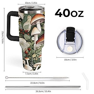 40 Oz Mushroom Plant Insulated Stainless Steel Tumbler with Handle & Straw Lid, Reusable Travel Cupholder Friendly Mug for Coffee, Water, Tea