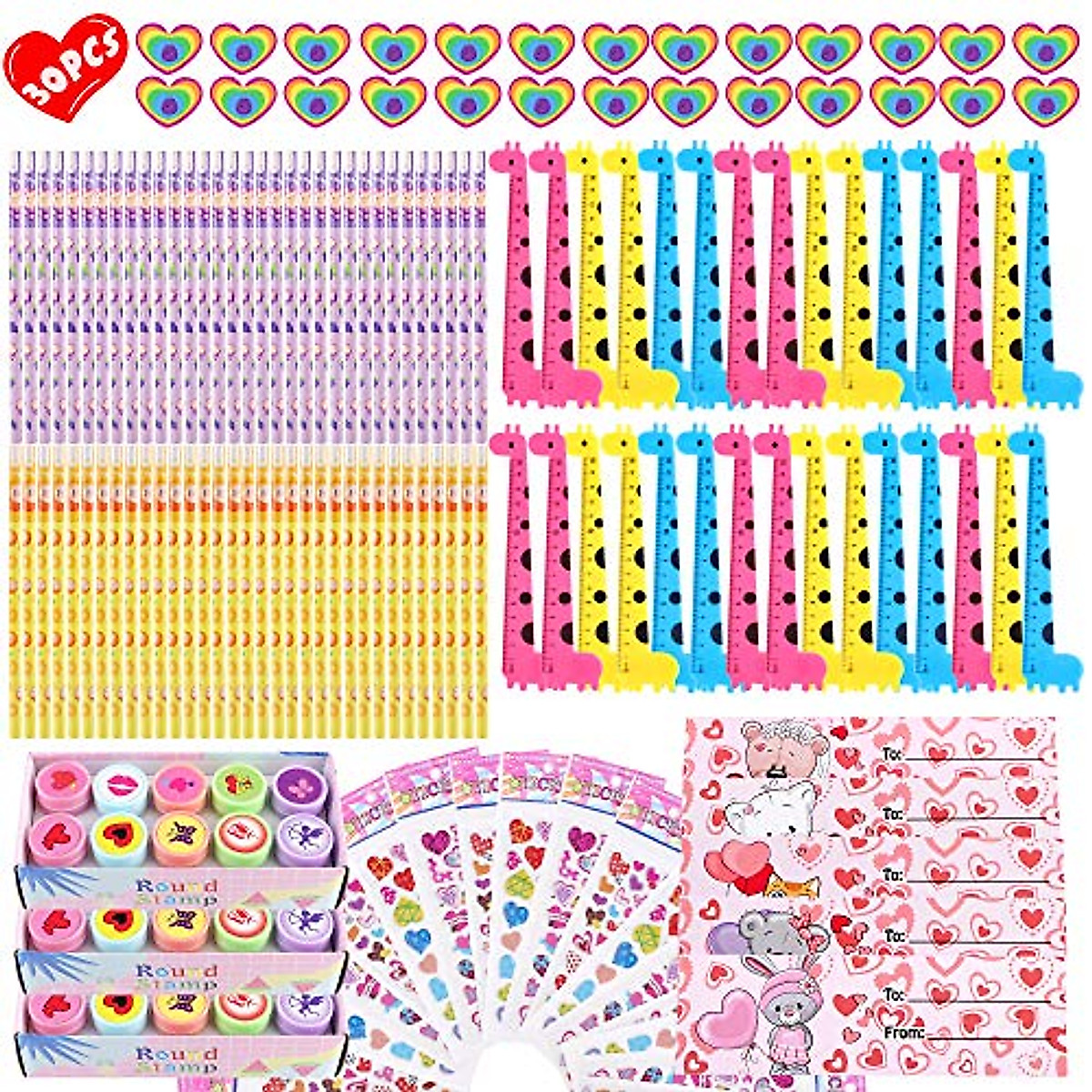 Valentine’s Day Stationery Gift for Kids Classroom 30 PCS Assorted Stationery Exchange Pencil Eraser Ruler Stamper and Stickers Classroom Prizes Goodie Bag Party Supplies with Valentines Gift Cards