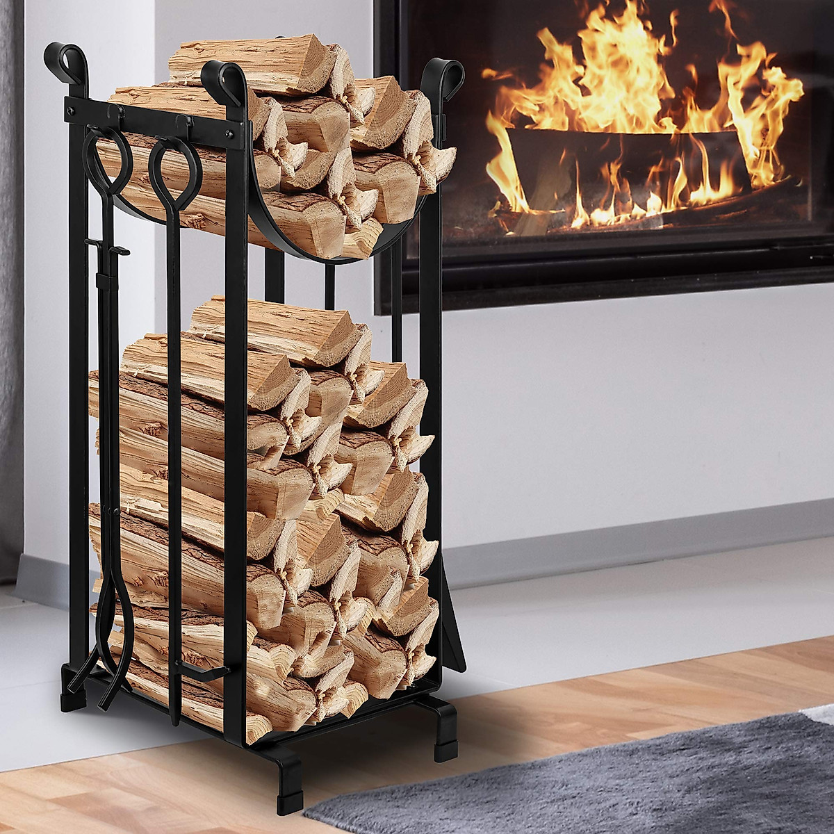 Amagabeli 30.7in Tall Fireplace Log Rack with 4 Tools Bundle Fireplace Bellows Large 15.5"x 7"