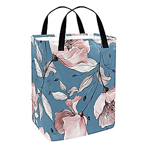 Blossom Flower in Blue Print Collapsible Laundry Hamper, 60L Waterproof Laundry Baskets Washing Bin Clothes Toys Storage for Dorm Bathroom Bedroom