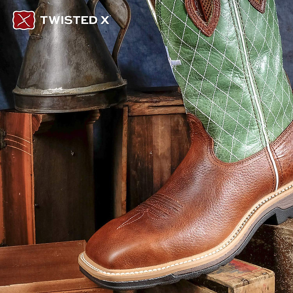 Twisted X Men's 12" Western Work Boot, Square Toe Steel Toe, Cognac Glazed Pebble & Lime, 11.5 D