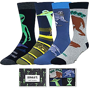 Mens Funny Shark Alien Bigfoot Socks Novelty Christmas Space Gifts Stocking Stuffers in 4 Pack Box