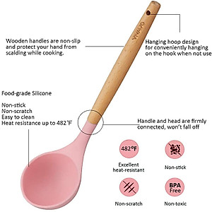 VIVAYO Silicone Cooking Utensil Kitchen Utensils Set, 12 Pieces Silicone Kitchen Utensil Wooden Handles, Kitchen Spatula Sets with Holder Spoon Turner Tongs, Pink