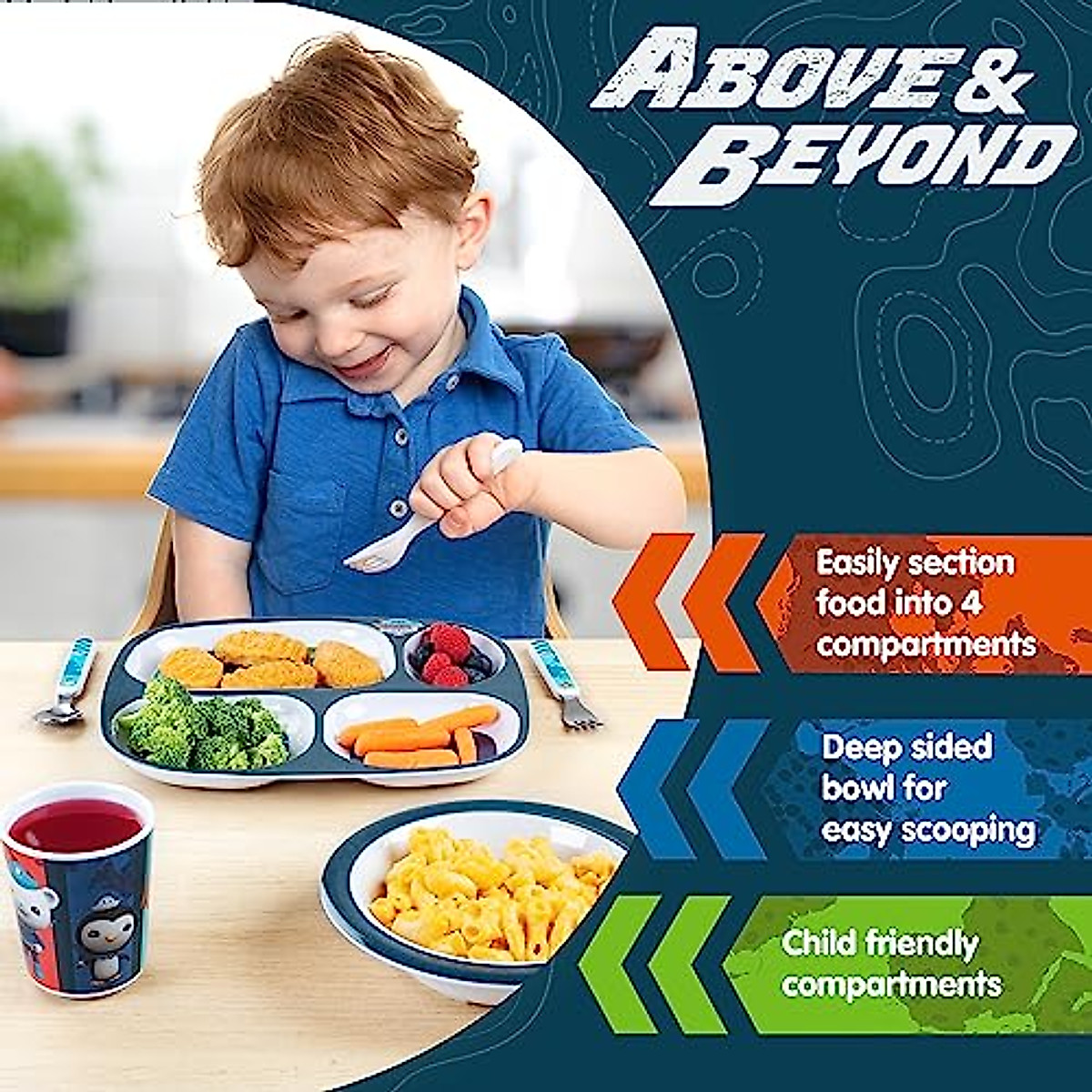 Octonauts 5 Pcs Mealtime Divided Plate Feeding Set for Kids & Toddlers-Explorer- Includes Multi-Compartment Plate, Bowl, Cup, Fork & Spoon Utensils-Durable, Dishwasher Safe, BPA Free