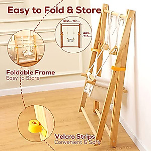 FUNLIO Wooden Toddler Swing Set with 4 Sandbags, Foldable Baby Swing Set with Durable Pine & Velcro, Portable Swing for Toddlers 6-36 Months, Kid Swing for Indoor/Outdoor/Backyard (Upgraded)