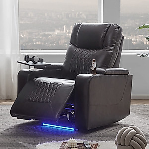 Merax Lazy Boy Recliner Chair, Power Leather Single Sofa, with Cup Holders, Tray Table and Storage, Black