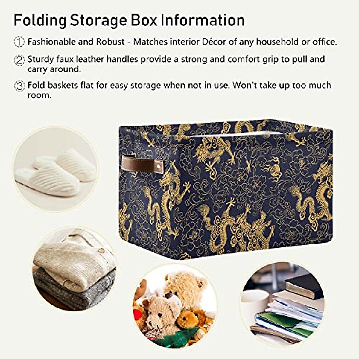 TropicalLife Rectangular Storage Bin Cube Oriental Animal Dragon Foldable Organizer Basket with Handles, Chinese Flower Floral Collapsible Storage Box for Kids Toy Shelf Closet Nursery