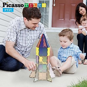 PicassoTiles UV Activated Color Changing Rocket Set Magnet Construction Toy Kit Engineering STEM Learning Playset Child Brain Development Stacking Blocks Playboard for All Ages 3 and Up PT31
