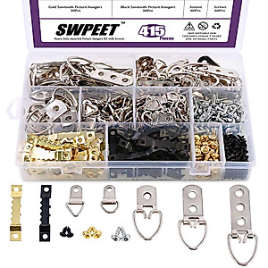Swpeet 415Pcs Picture Hangers Kit with Screws, Heavy Duty Assorted Picture Hangers Assortment Kit for Picture Hanging Solutions with Transparent Box - 7 Models